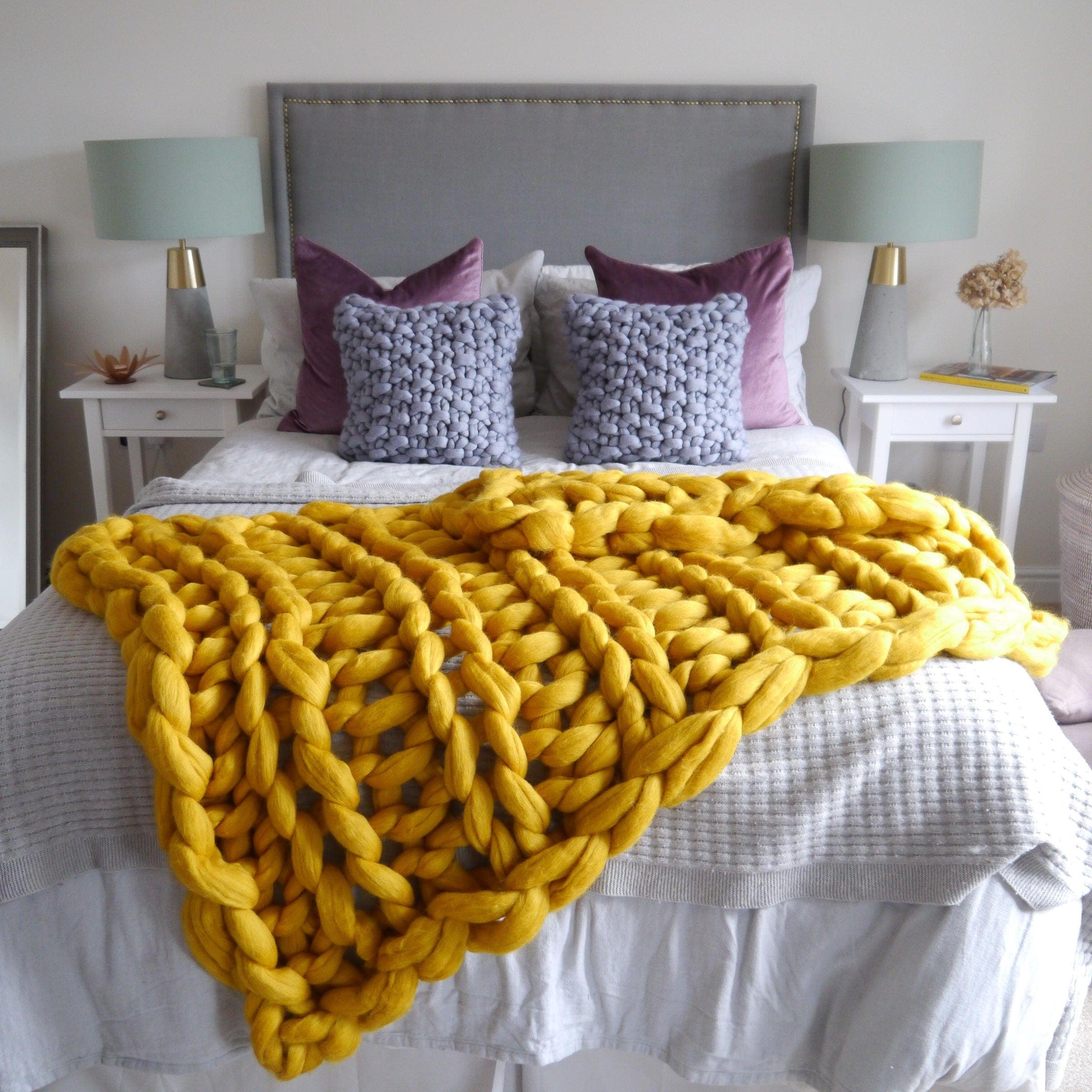 Mustard Yellow Chunky knit blanket yellow giant knit blanket