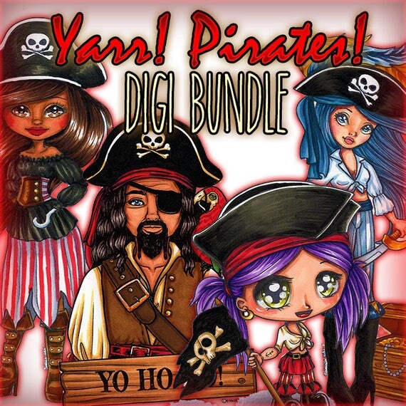 Yarr Pirates w Sentiments 5 Digis BUNDLE UNCOLORED Digital