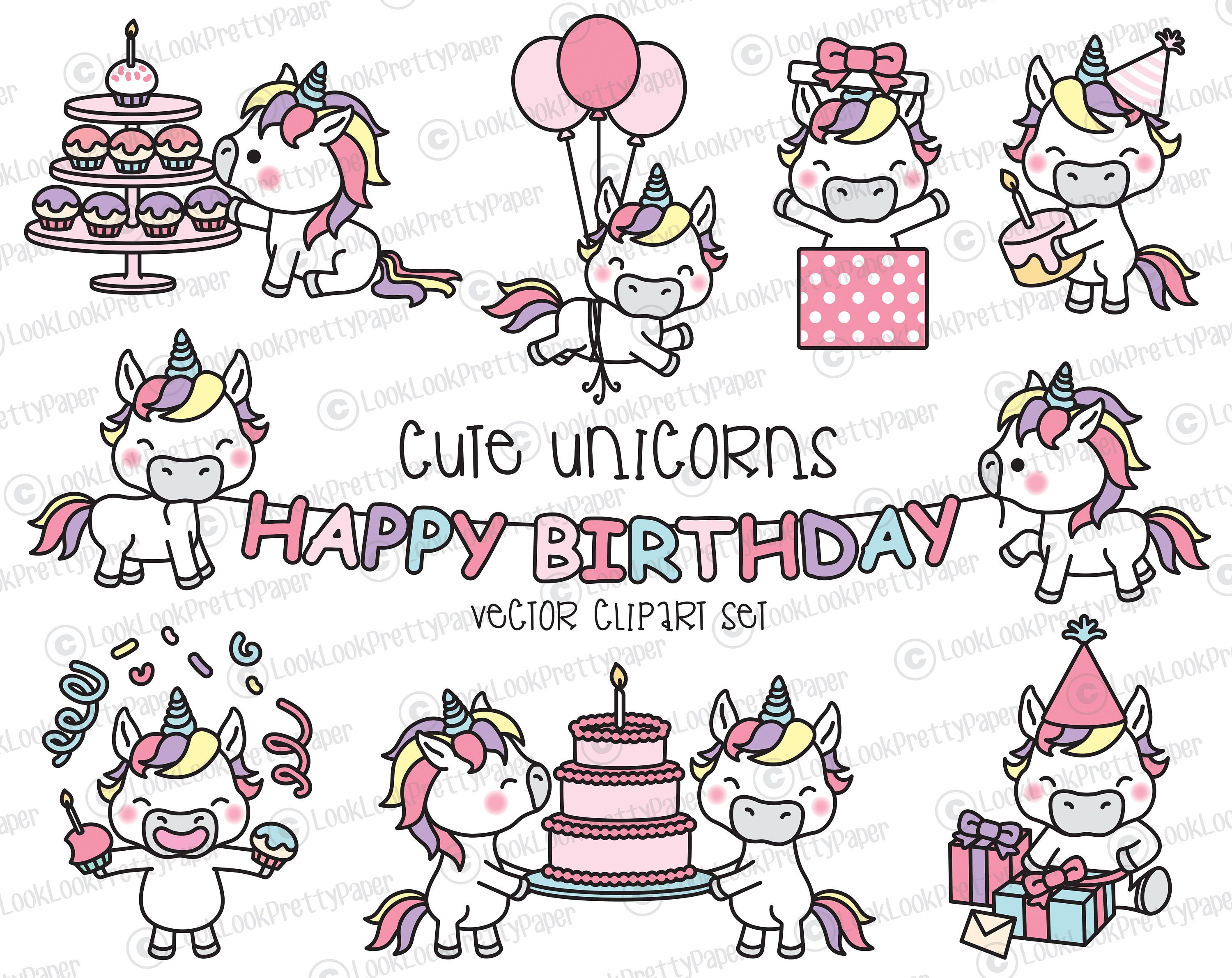 Premium Vector Clipart Kawaii Birthday Unicorns Cute