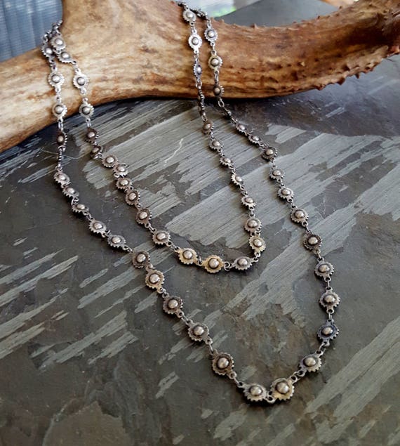 Long Silver Bead Chain Necklace Long Antique Silver Wheel