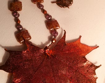Copper leaf necklace with copper wire and opalite beads