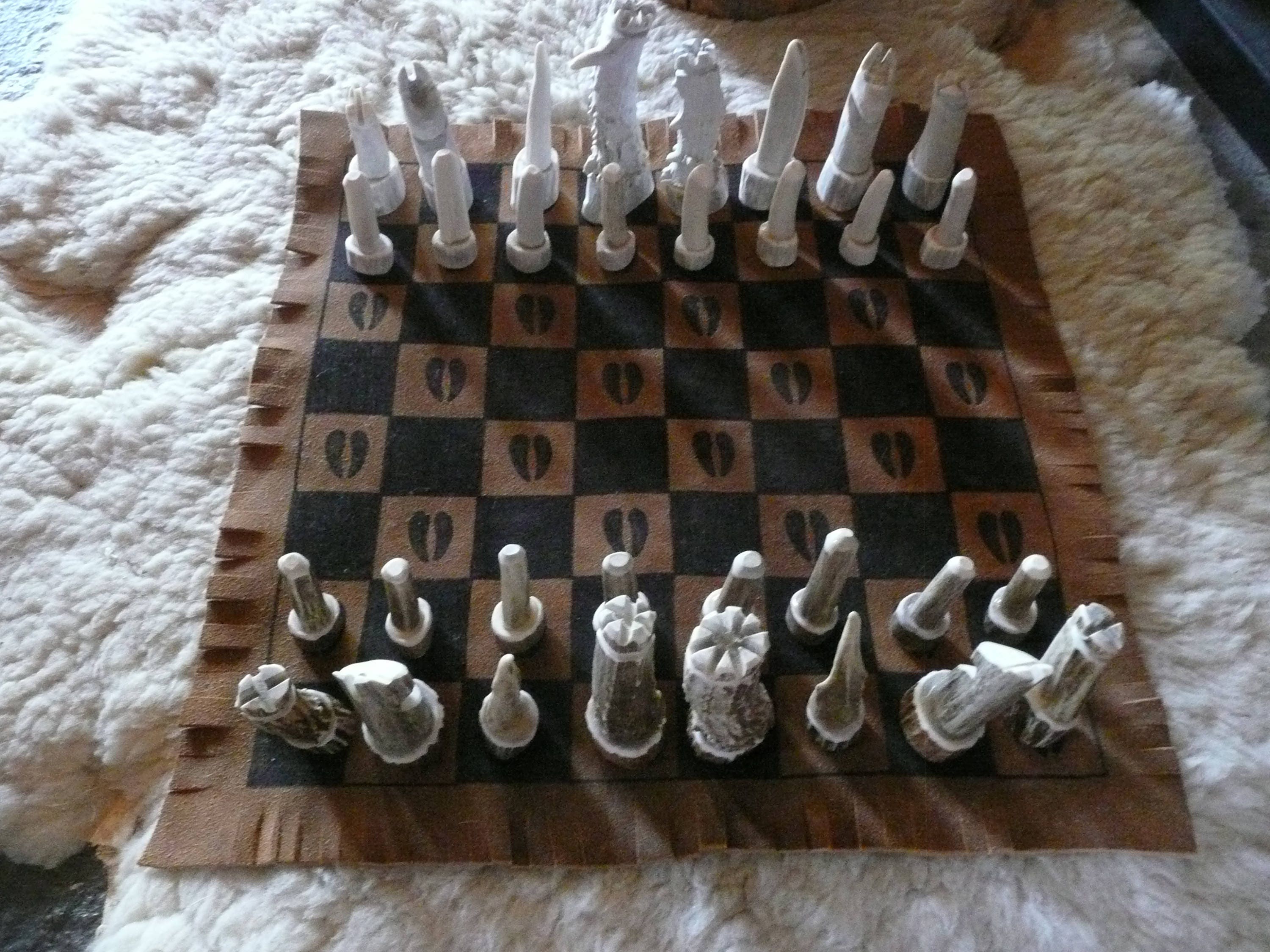 Hand Carved Elk and Deer Antler Chess Set with Cow Hide Game