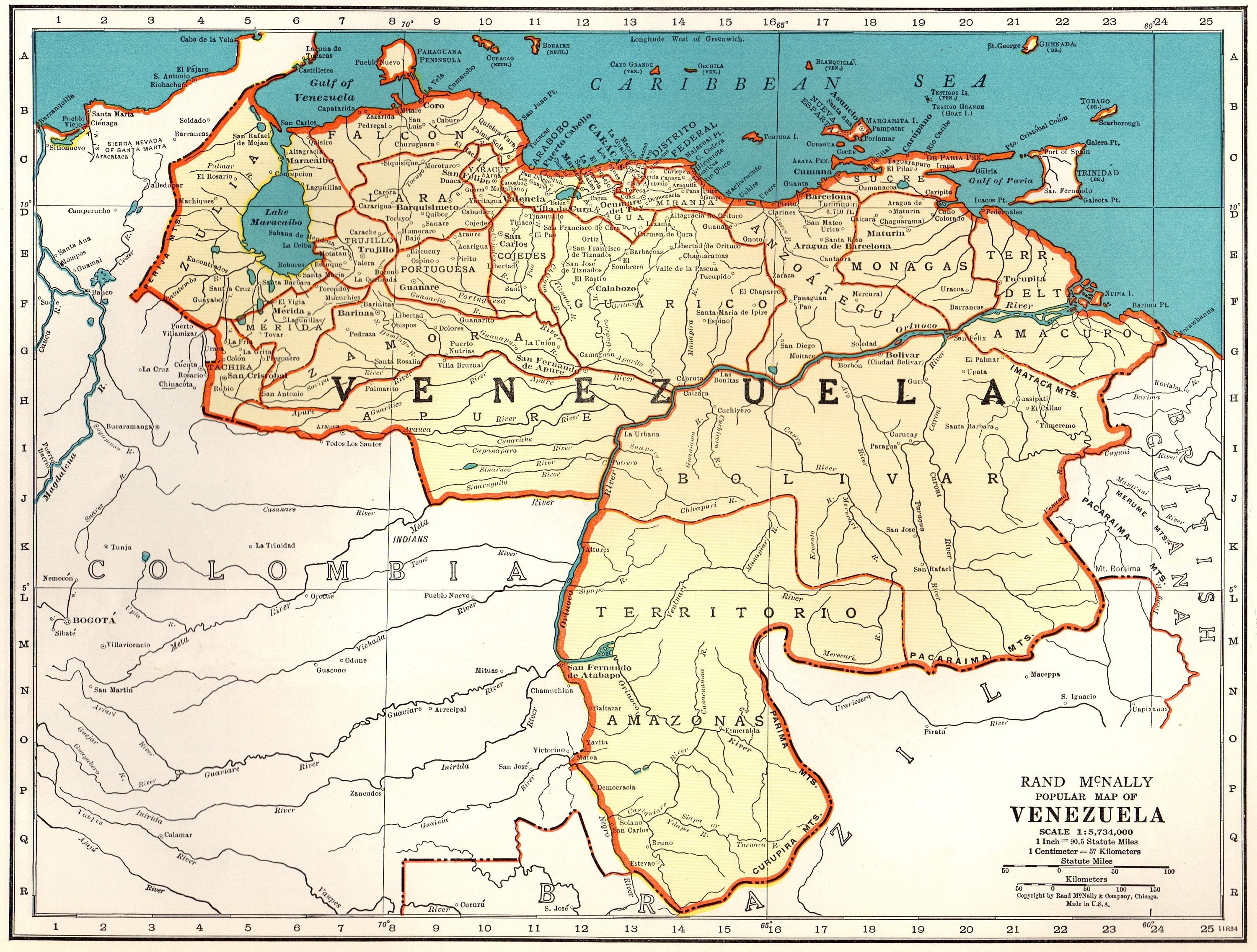 1938 Antique VENEZUELA MAP Vintage Map of Venezuela Print