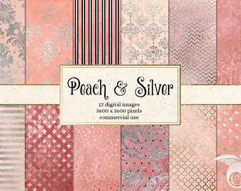 Peach Silver Digital Paper Pack Instant Download Grey Pink