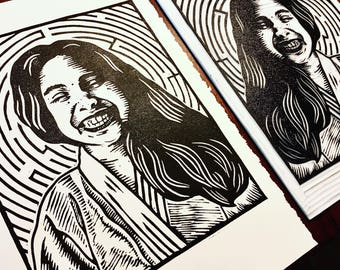 Linocut Portrait Hand Made Hand printed of Master of