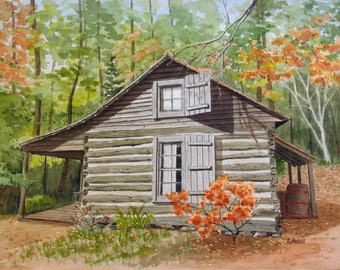 Log cabin painting | Etsy