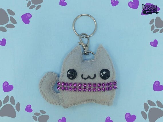 Cute Kawaii Purple Rhinestone Gray Cat Plush Keychain & Bag