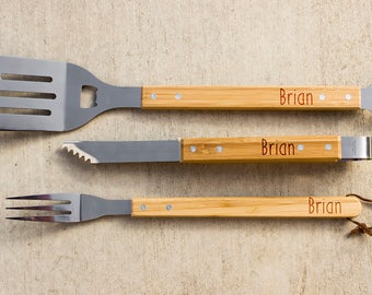 Custom Engraved Personalized Wooden Barbeque BBQ Tool Set
