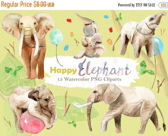 50% Off Elephant Clipart Watercolor Safari Wildlife Animal