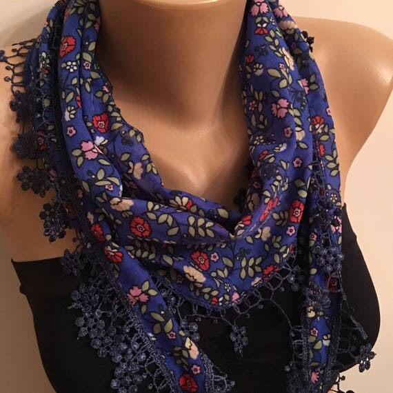 Dark Blue Floral Scarf Flower Edge Scarf Birthday Gift