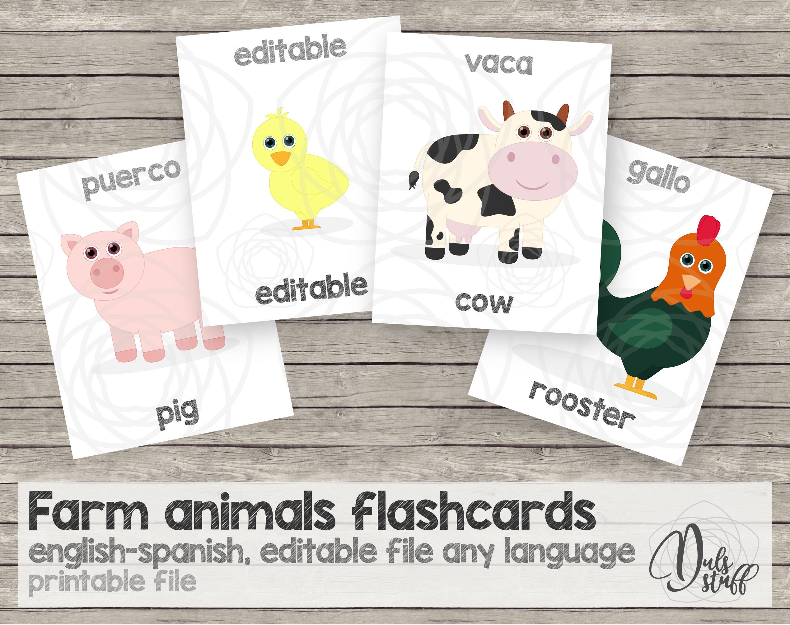 Printable kids farm animals flash cards english and spanish