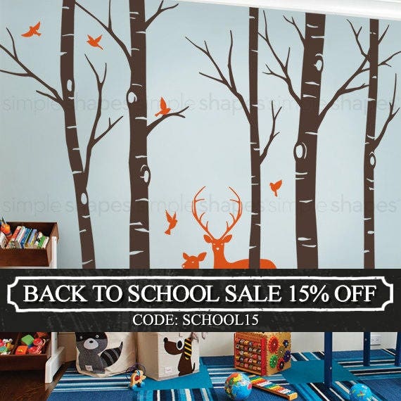 Birch Tree Wall decal with Deer and Bird Wall Decals Sticker