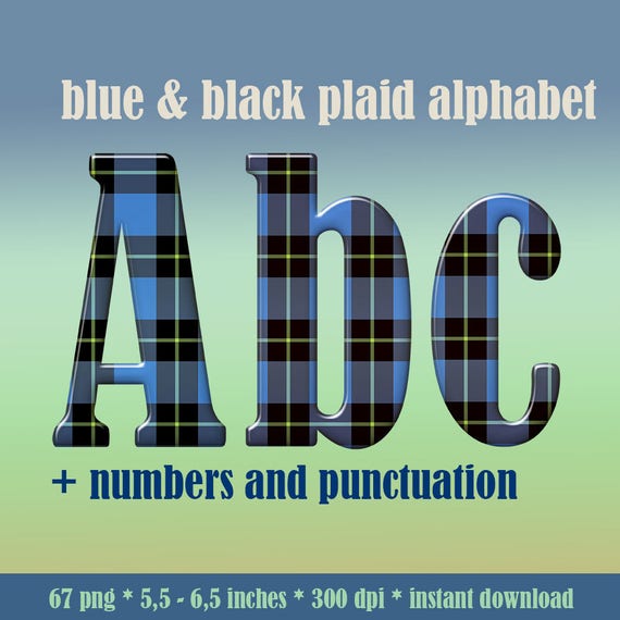Blue and black plaid digital alphabet clipart plaid font with