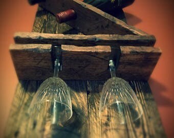 Gothic style reclaimed wood 6 bottle wine rack with wine glass